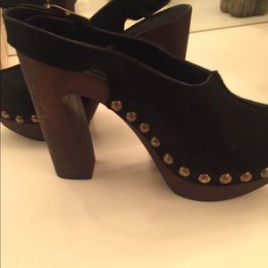 Shoes | Black Suede Clogs With Wood Platform | Poshmark